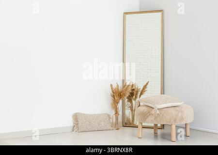 Floor mirror, pouf and vase with pampas grass near white wall in room ...