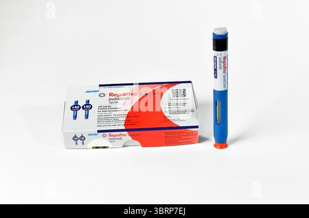 Packaging for the prescription drug Repatha (Evolocumab), an injectable ...