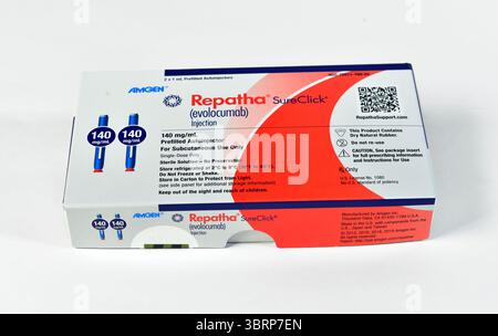 Packaging for the prescription drug Repatha (Evolocumab), an injectable ...