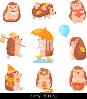 Cartoon Set with Cute Hedgehogs, Mushrooms and Colorful Autumnal Leaves ...