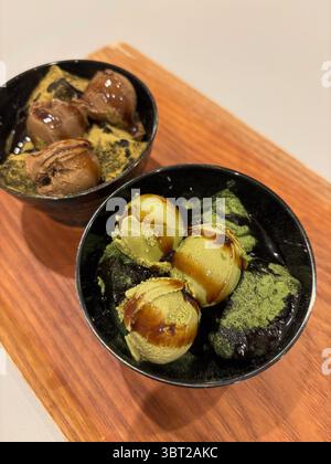 Japanese dessert mochi with matcha green tea powder and cherry ...