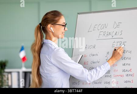 Lecture concept. Millennial female French teacher standing near ...
