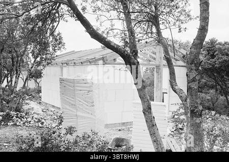 Wooden beams panels are arranged on ground near walls of building under ...