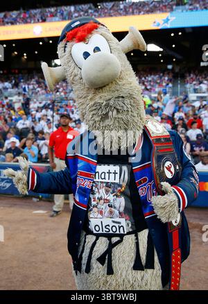 Atlanta Braves mascot Blooper on the field before a baseball game ...