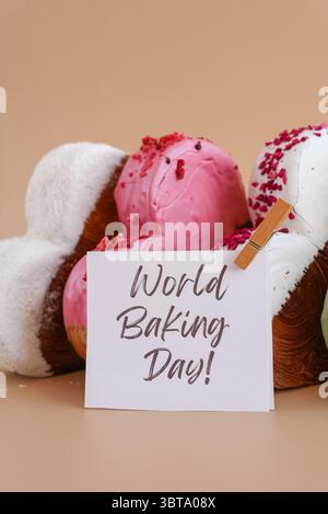 World baking day greeting card Delicious fresh croissant topped with ...