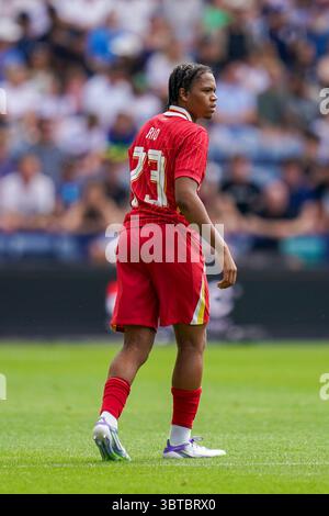 Liverpool forward Rio Ngumoha (73) arrives during the Preston North End ...