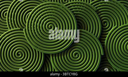 A 3d rendering of green, spiral-shaped mosquito coils. The coils are a ...