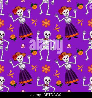 Seamless Pattern with Skeletons and Flowers. Happy Crazy Halloween ...