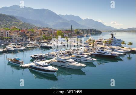 Amazing view of Kotor and yacht marina, Montenegro. Beautiful cloudy ...