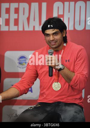 Indian javelin thrower Neeraj Chopra, attends a press conference ahead ...