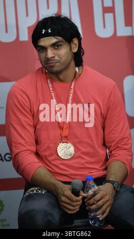 Indian javelin thrower Neeraj Chopra, attends a press conference ahead ...