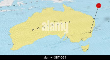 Australia, Canberra - location pin with national flag on political map ...