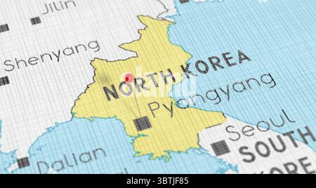 North Korea, Pyongyang - location pin with national flag on political ...
