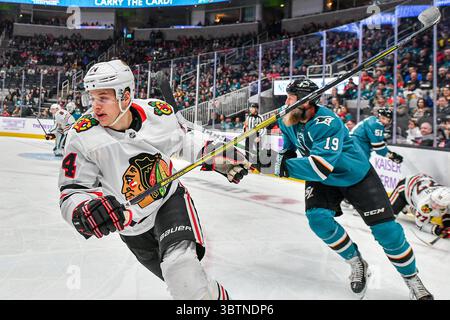 Chicago Blackhawks center David Kampf (64) plays against the Nashville ...