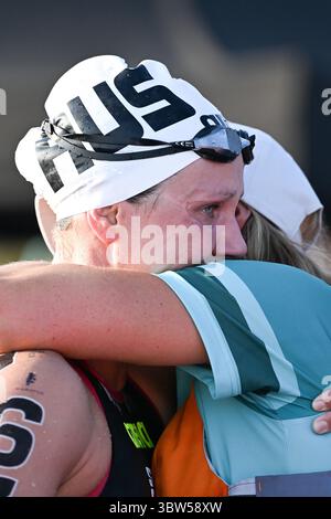 Moesha Johnson of Australia reacts after winning the women's 5km open ...