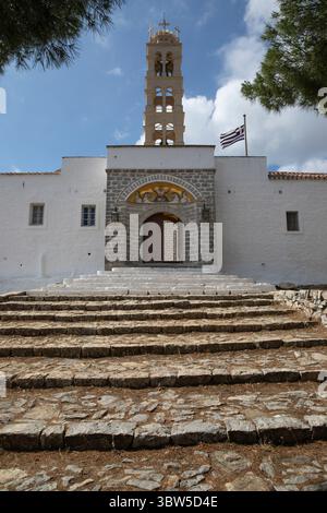 Bell tower of Monastery Prophet Elias, Santorini island, Thira ...