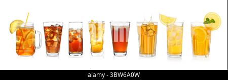 Iced tea. Different types of drinks in glasses isolated on white, set ...