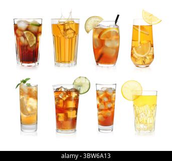 Iced tea. Different types of drinks in glasses isolated on white, set ...