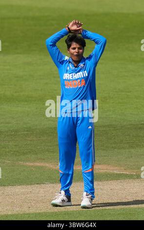India's Kranti Goud reacts after taking the wicket of South Africa's ...