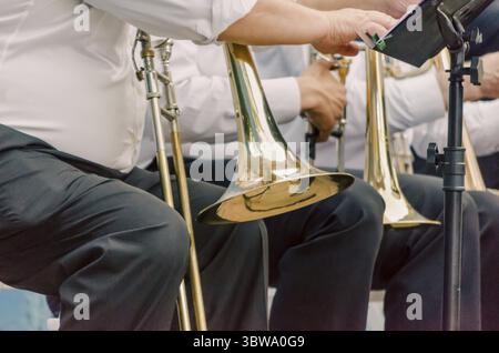 ands and trumpets of symphony orchestra musicians closeup Stock Photo ...