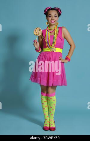 Full length photo of sweet charming dark skin lady wear red pullover ...