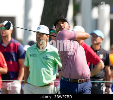 Sebastian Munoz, of Columbia, tees off during a practice round for the ...