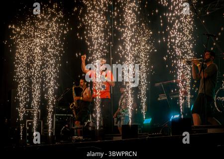 Pyrotechnics display on stage at music festival Stock Photo - Alamy