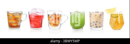 Iced tea. Different types of drinks in glasses isolated on white, set ...