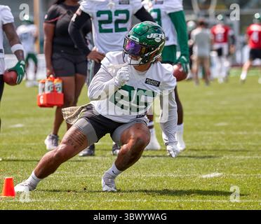 Ty Johnson of the New York Jets reacts to a play against the Denver ...