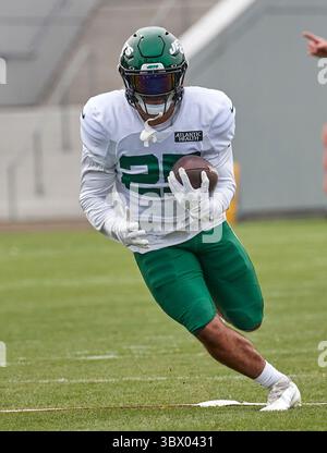 Ty Johnson of the New York Jets reacts to a play against the Denver ...