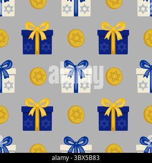 Seamless vector pattern of Hanukkah gifts, dreidels, and Star of David ...