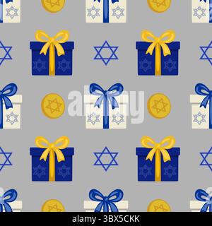 Seamless vector pattern of Hanukkah gifts, dreidels, and Star of David ...
