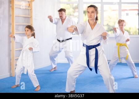 Family with children training karate techniques Stock Photo - Alamy