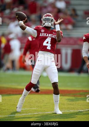 September 11, 2021: Razorback QB Malik Hornsby #4 prepares to release a ...