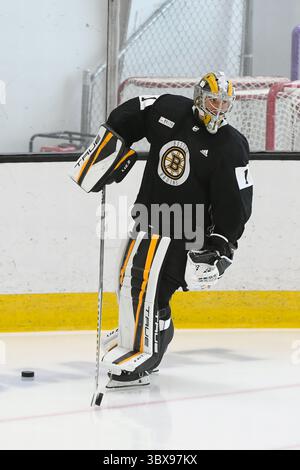 Boston Bruins goaltender Jeremy Swayman deflects the puck away from ...