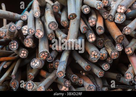A bunch of old copper cables in a plastic sheath. Front view Stock ...