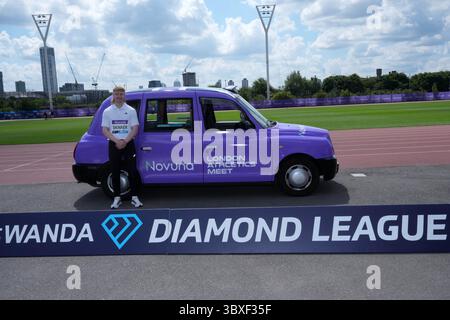 Zak Skinner (GBR) poses in taxi during London Athletics Meet press ...