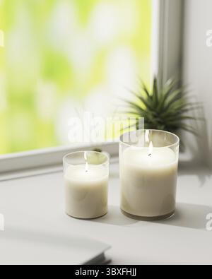 green scented candle in a glass with Christmas time decorations on a ...