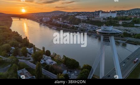 View on the Bratislava castle and modern glass building in the city ...