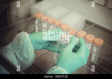 Lab technician takes sample from tube for test, close up, soft focus ...