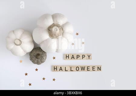 Elegant Halloween party flat lay with pumpkin shaped plates, brooms and ...