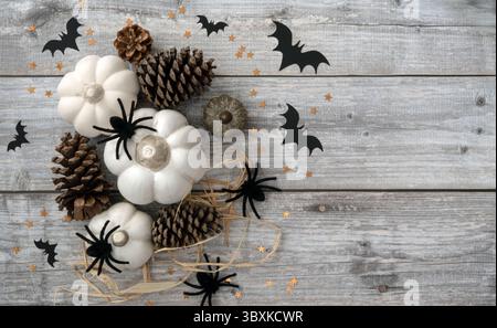 Elegant Halloween party flat lay with pumpkin shaped plates, brooms and ...