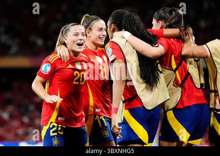 Spain's Claudia Pina, left, celebrates after scoring the opening goal ...