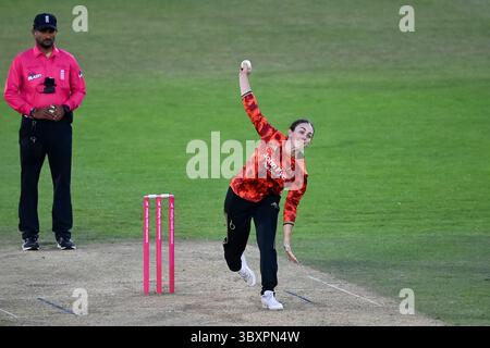 Southampton, UK, 18 July 2025. Daisy Gibb of Hampshire Hawks bowling ...