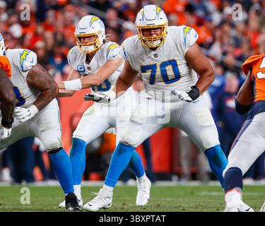 Tackle (70) Rashawn Slater of the Los Angeles Chargers blocks against ...