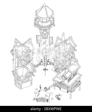 Medieval village scene castle background illustration Stock Vector ...