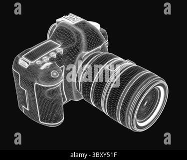 A 3D model of a digital SLR camera rendered in wireframe style ...