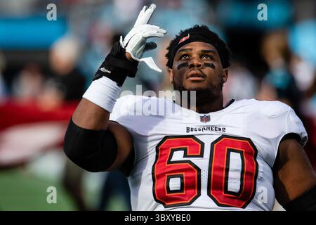 Tampa Bay Buccaneers guard Nick Leverette works on a drill during an ...