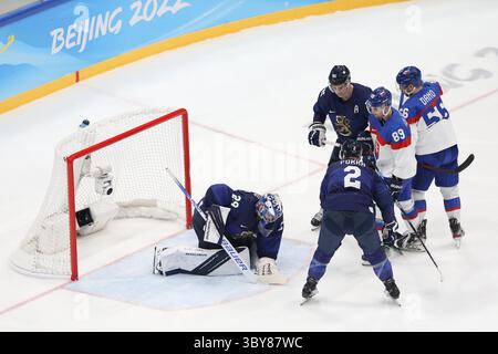 Finland goalkeeper Harri Sateri (29) makes a save against Slovakia ...