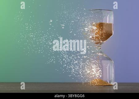 Time running out. Hourglass dissolving in woman's hands against black ...